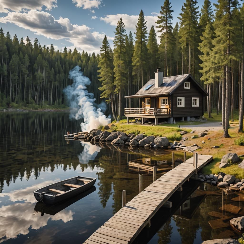 masterpiece, award-winning, dramatic, 8k, (Finnish cabin with a sauna ...