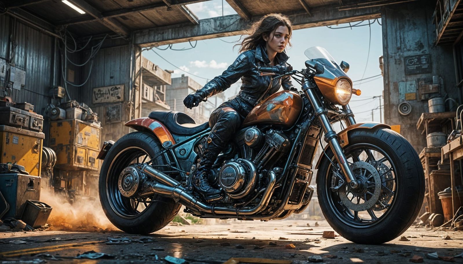 girl in the garage - Girl on Futuristic Motorcycle Rides Thr...