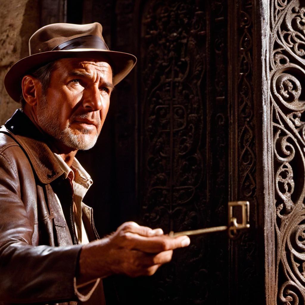 A gripping and suspenseful scene featuring Indiana Jones, holding an ...