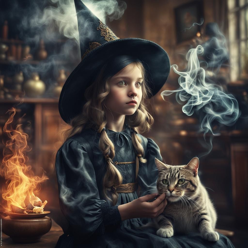 A young witch conjuring a cat made of smoke, sweet, innocent, cute ...