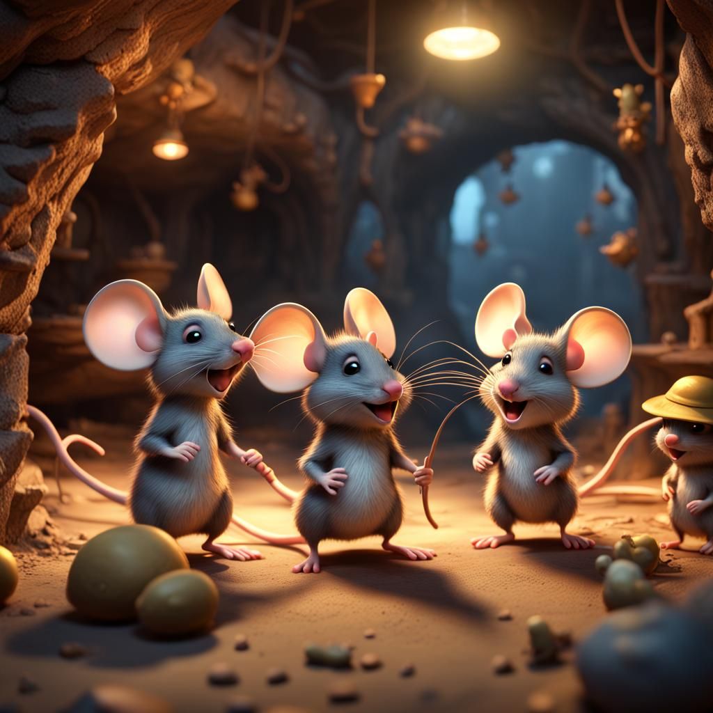 A cheerful mice and a happy mouse, surrounded by mice with backstage ...