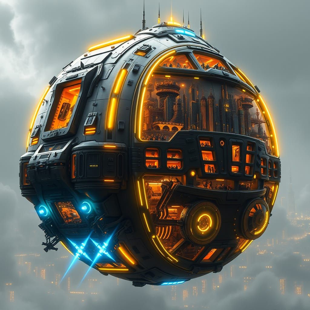 a planet-sized spaceship in gun-metal gray with yellow neon accents ...