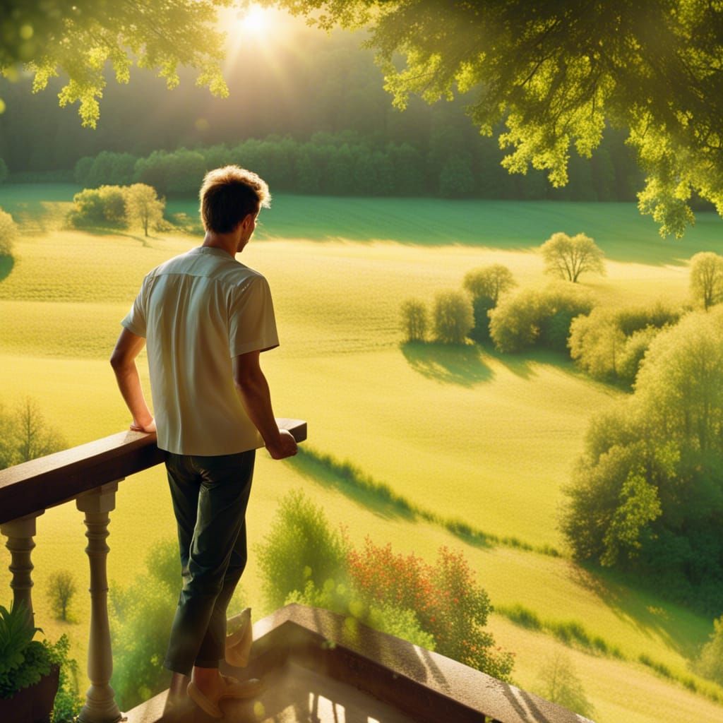 man stepping onto a balcony and looking out over a lush field lit by ...
