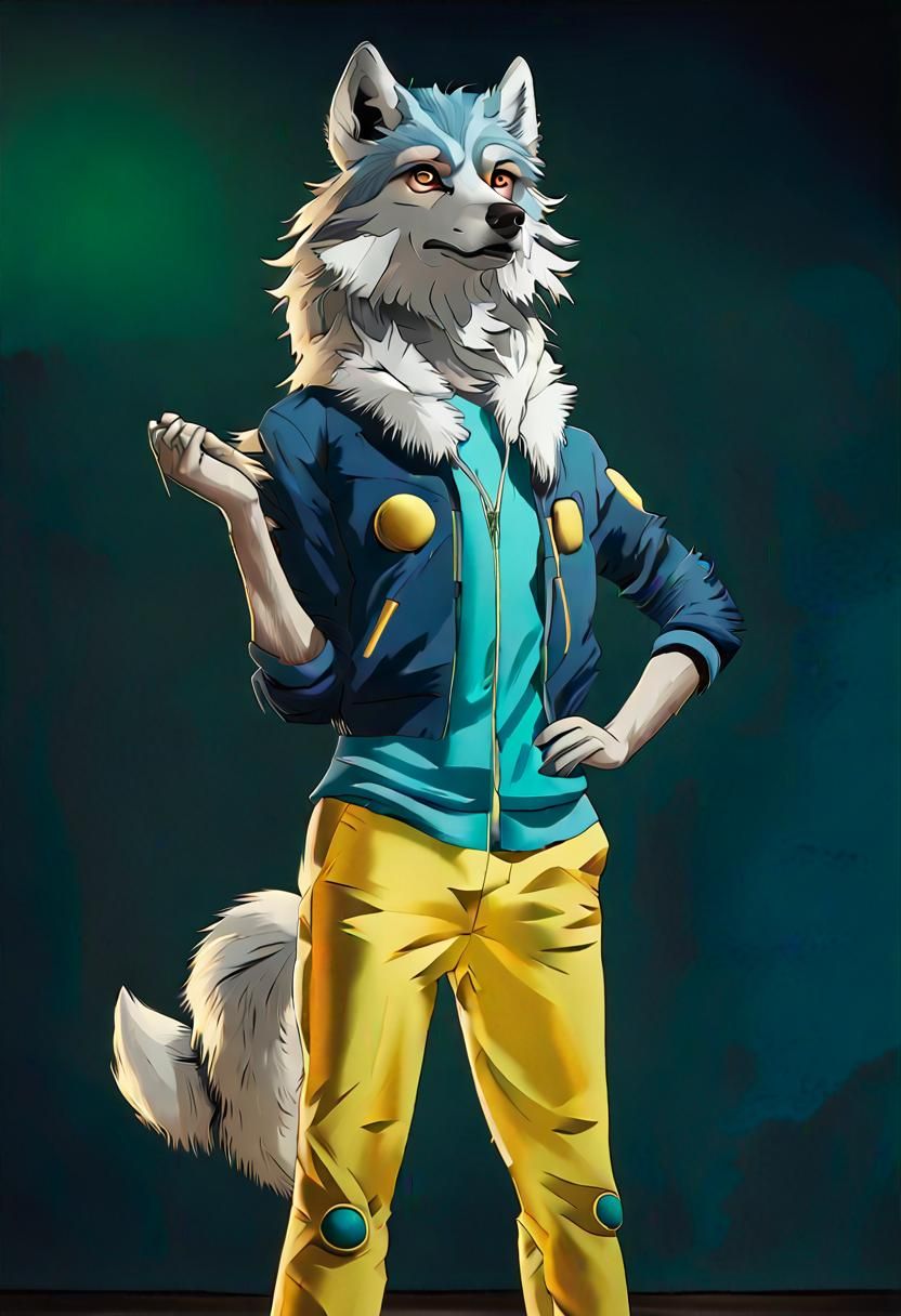 A anthropomorphic tall wolf with white and blue fur and golden yellow ...
