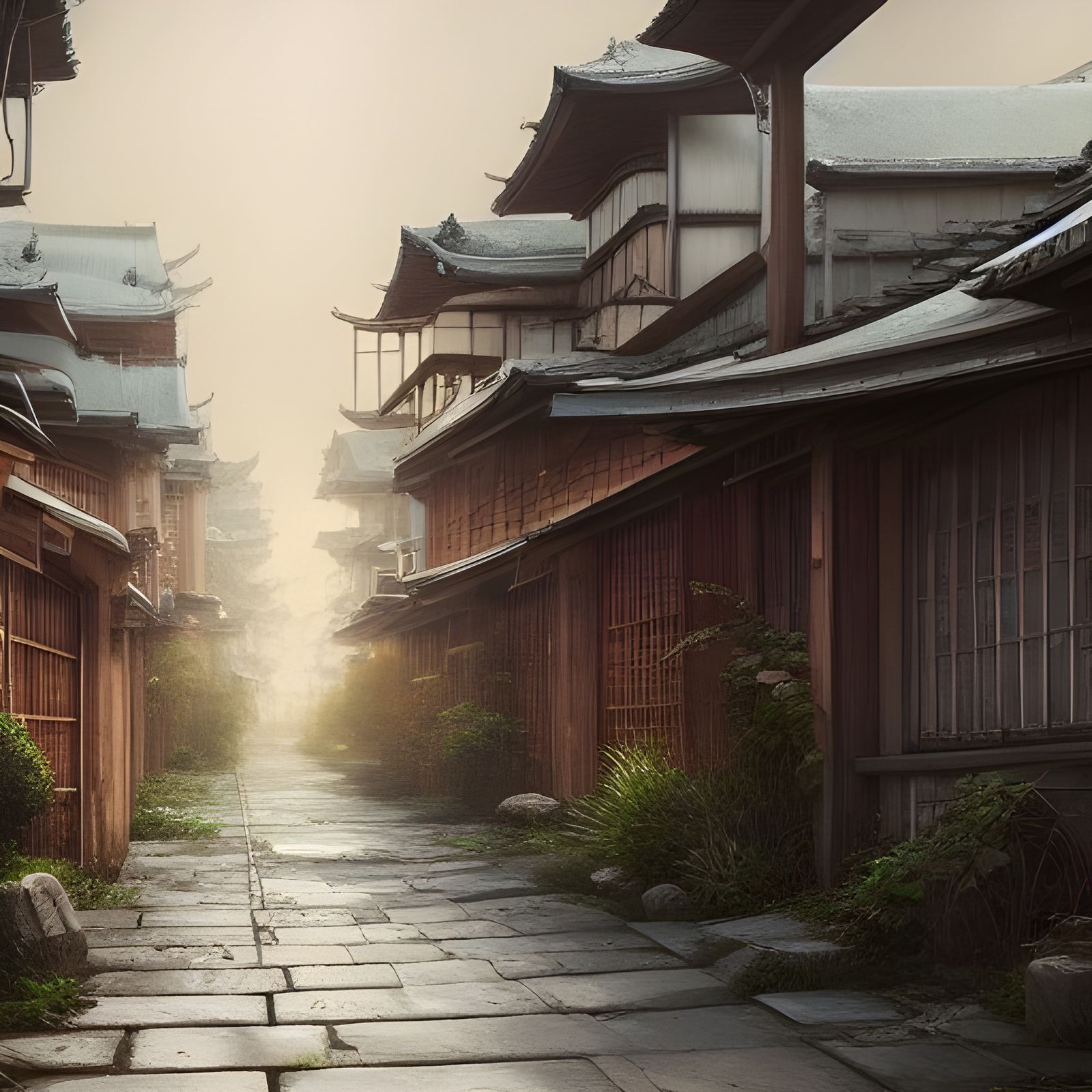 Beautiful Alley with traditional Japanese wooden Houses - AI Generated Artwork - NightCafe Creator