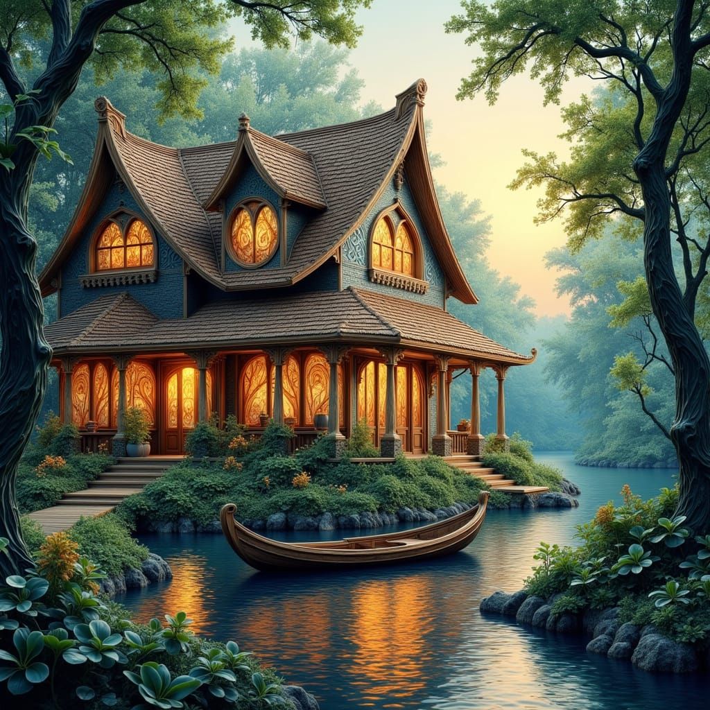 Whimsical Waterfront Homestead in Golden Light - AI Art