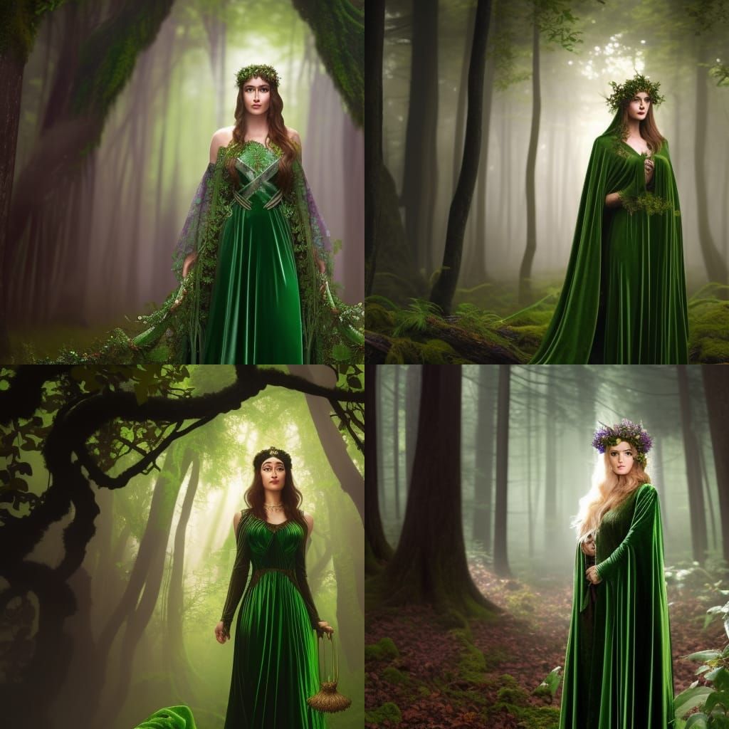Beautiful Celtic priestess dressed in green velvet dress, in a mystical ...