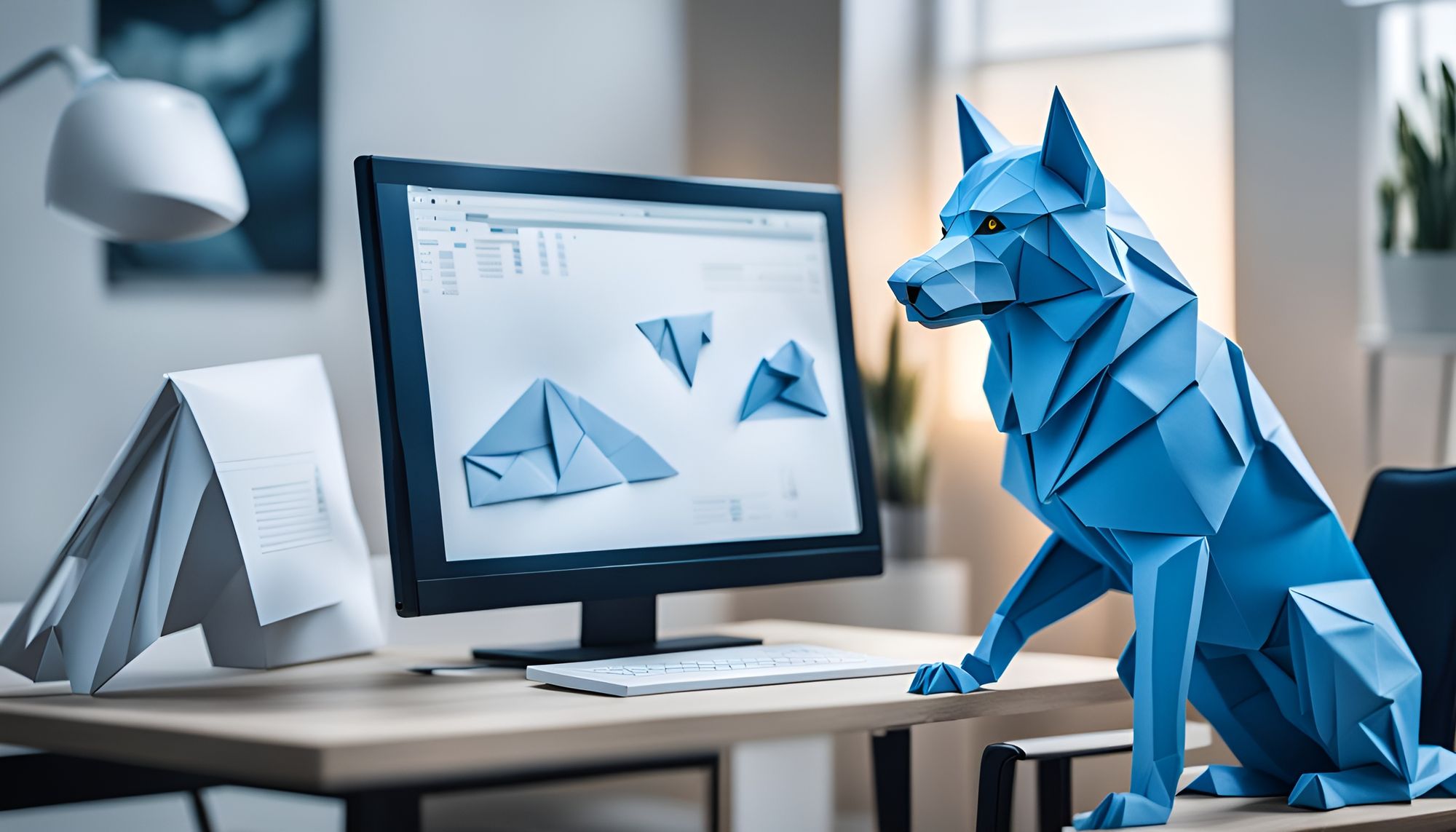a blue wolf looking at a computer monitor, Origami paper folds ...