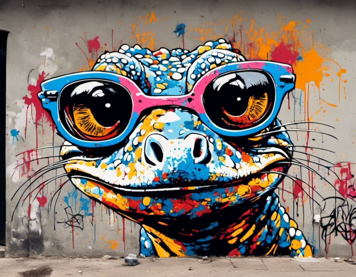 Happy gecko with sunglasses street art. Realistic, spray painting ...