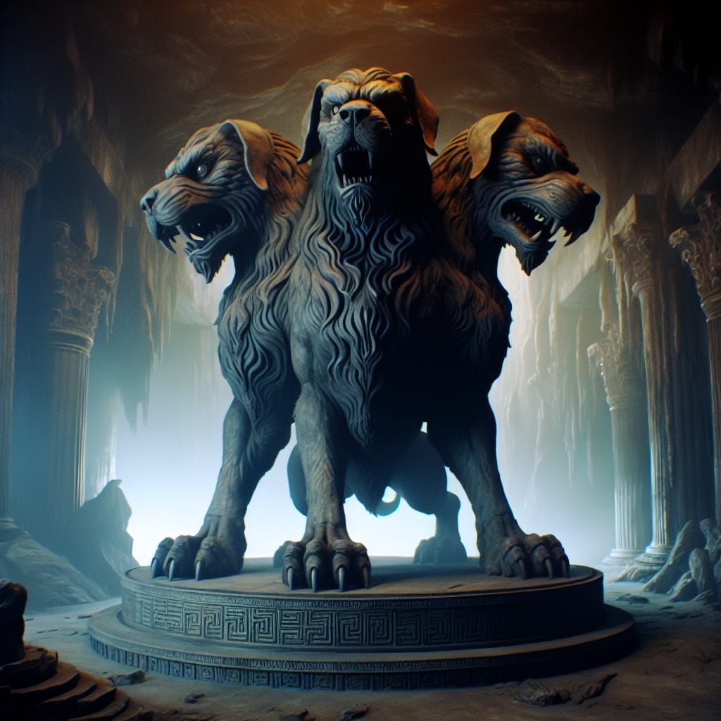 Cereberus, the giant dog with 3 dog heads stands fierce as the final ...