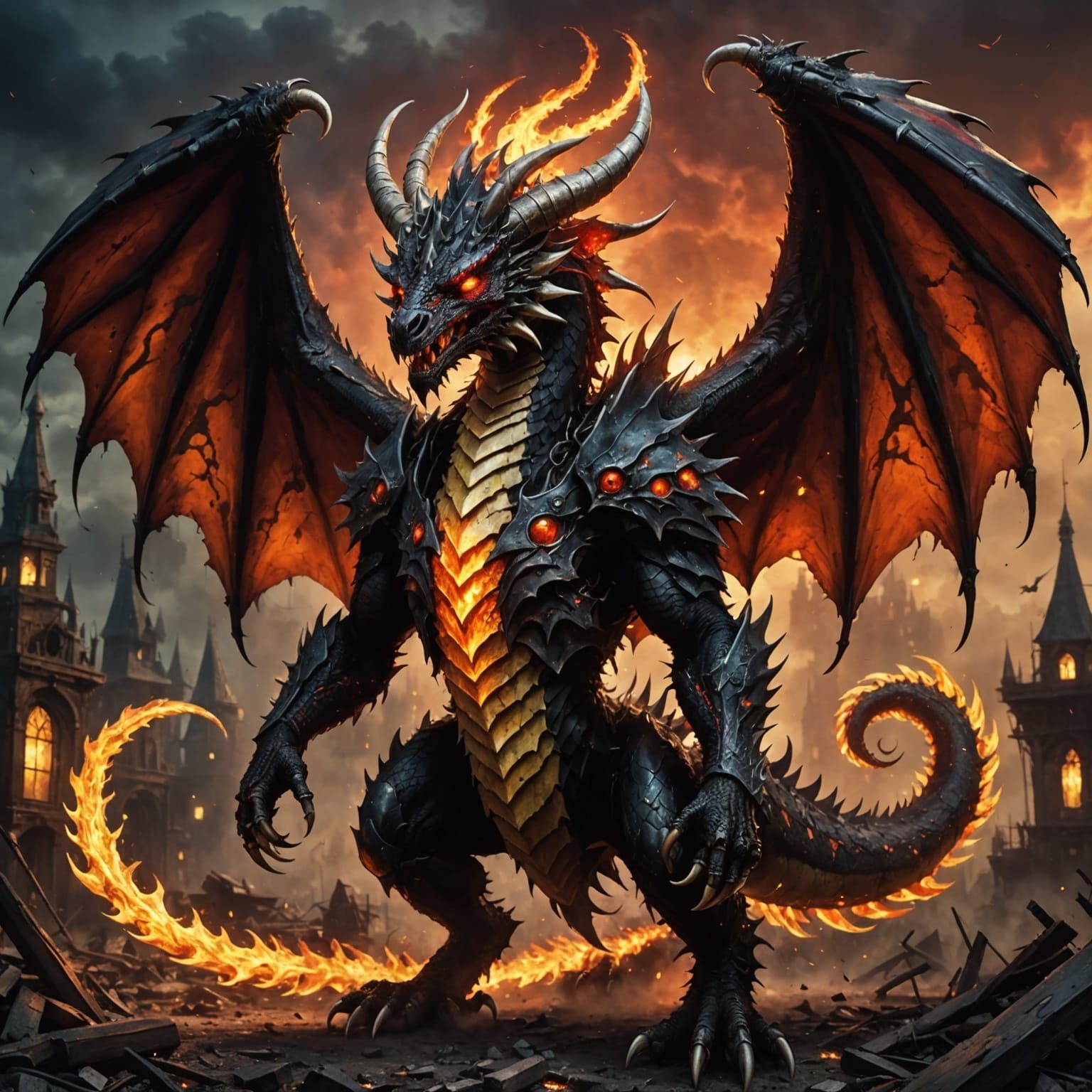 A grotesque dragon with decayed red, black, and bone-white scales ...