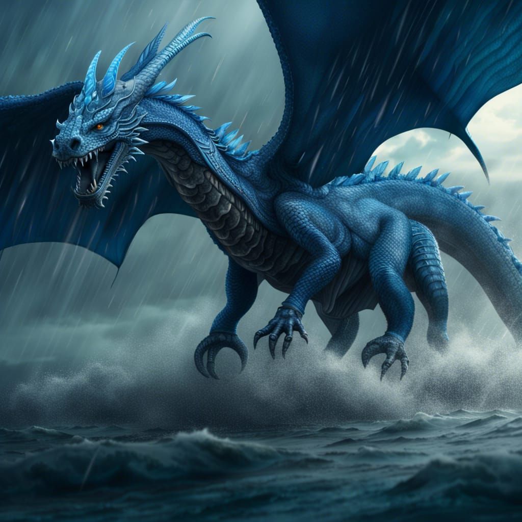 Dragón azul legendario volando en una épica lluvia en medio del mar ...