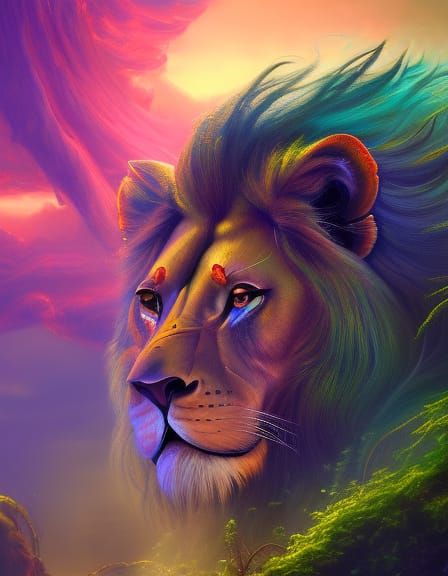 a beautiful lion supremely detailed oil painting, vivid color, wet paint fantastical, intricate ...