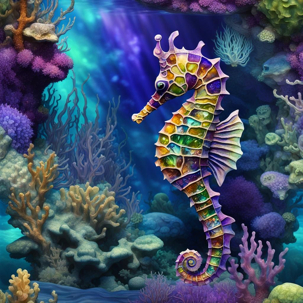 Klimt Multicolored seahorse alcohol ink blues purples green blended on ...