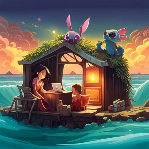 "Lilo_and_Stitch working on laptop computer at the beach ...
