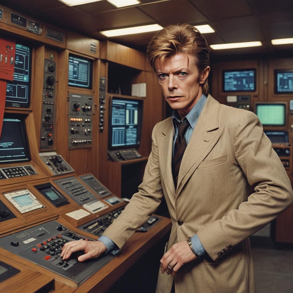 David Bowie as 1980s Doctor Who inside a wood paneled computer control ...