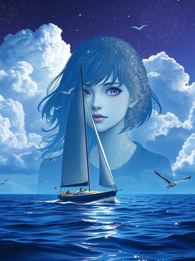 Anime Sailboat Sails Under Starry Night Sky - AI Art