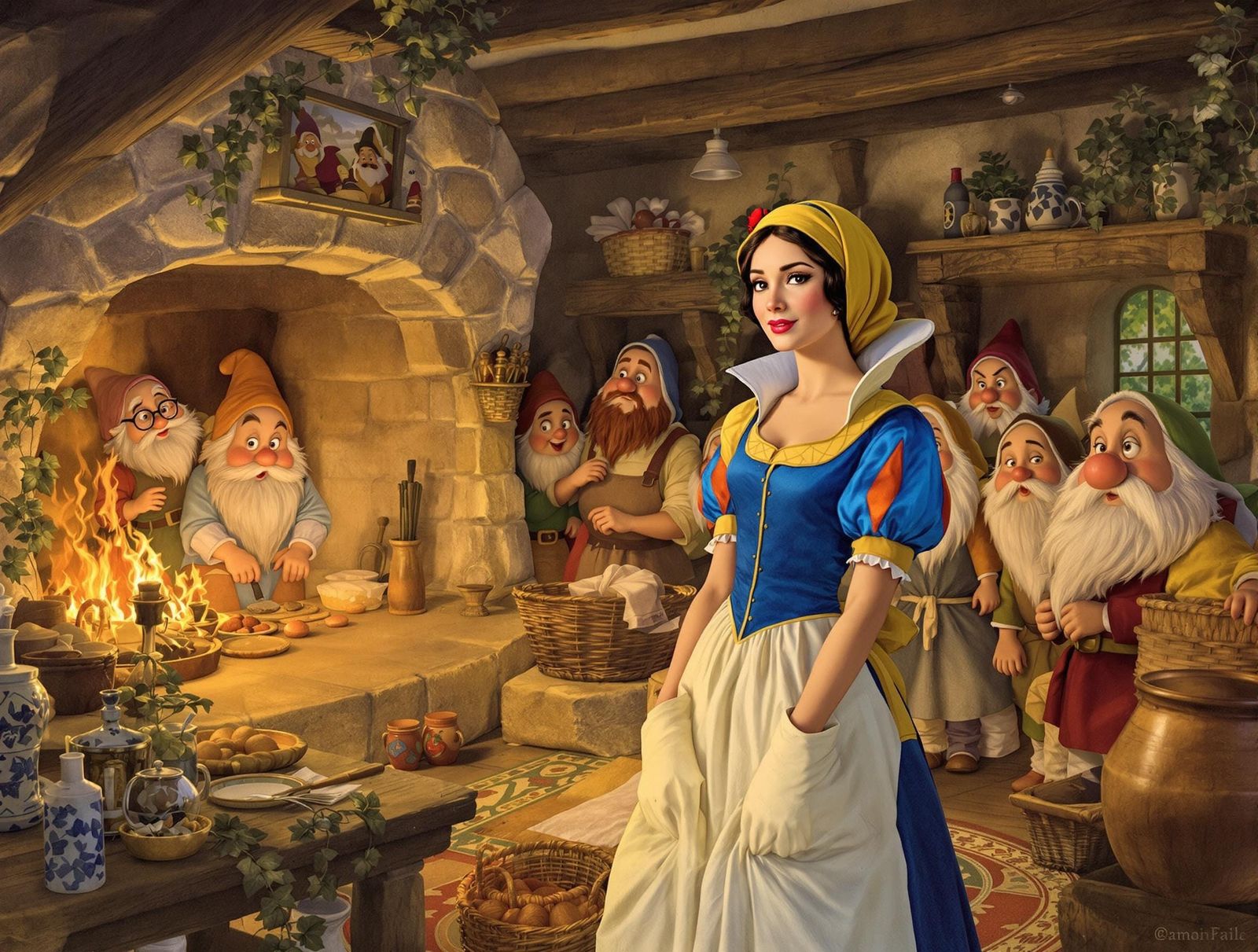 Snow-white attired in a vibrant blue and yellow medieval-style gown ...