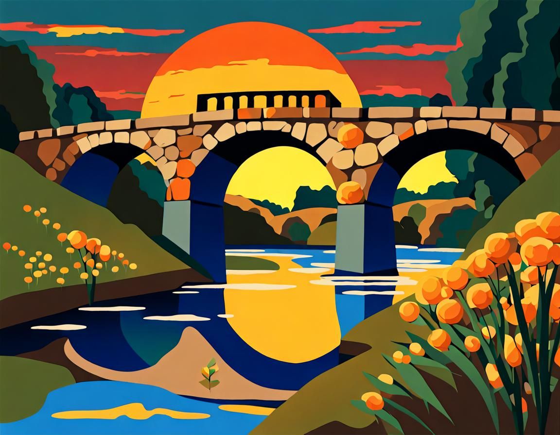 synthetism painting, old stone bridge beneath a harvest moon, bold flat ...