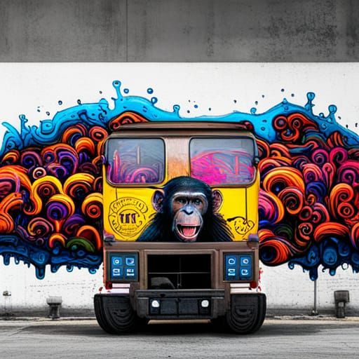 chimpanzee driving a colorful bus - AI Generated Artwork - NightCafe ...
