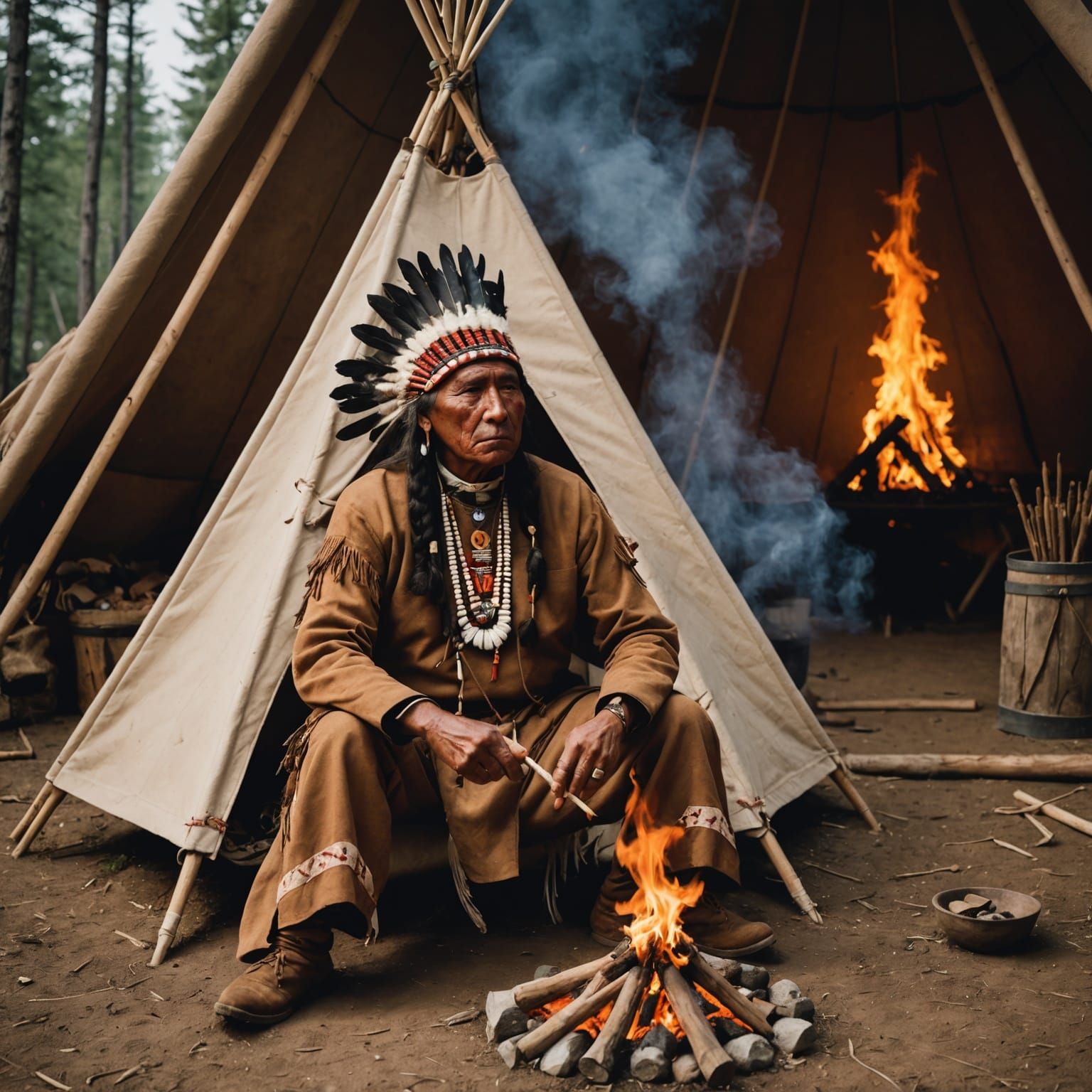 Native American chief sitting beside teepee with fire and offering ...