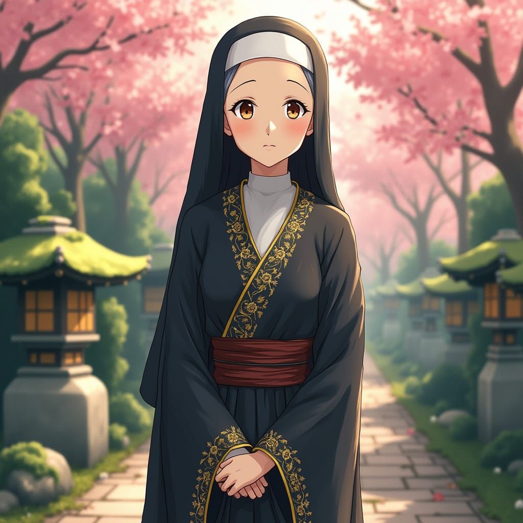 Monja anime - Serenely Beautiful Anime Nun in Japanese Garde...
