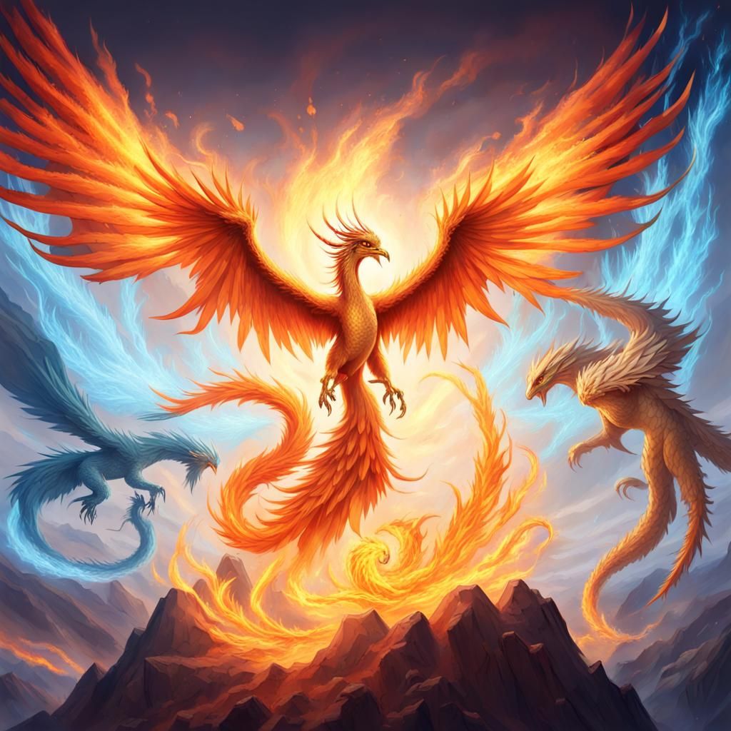 A phoenix with a flaming aura spread its wings in the sky, fighting ...