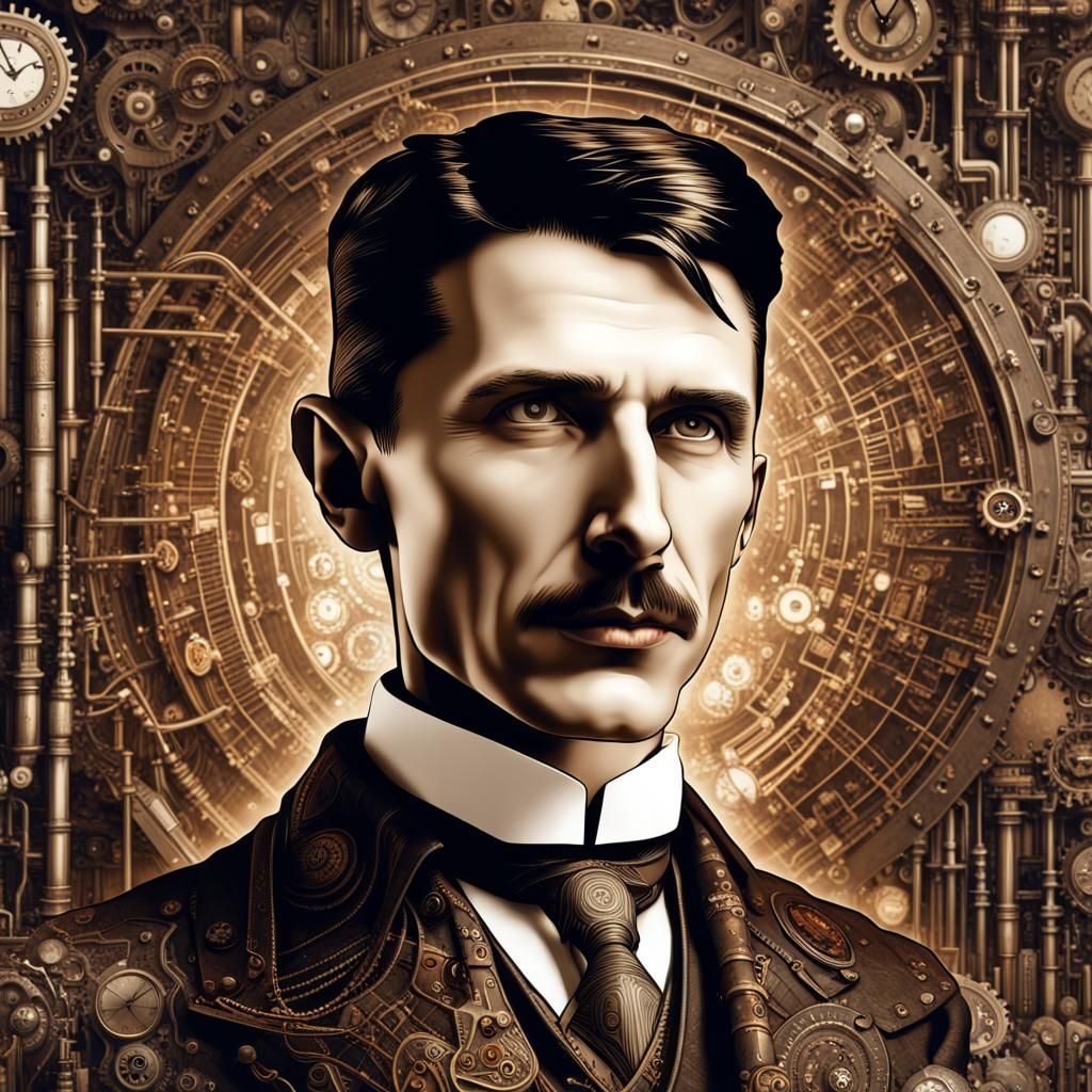 Picture Nikola Tesla in a steampunk world, half of his face transformed ...