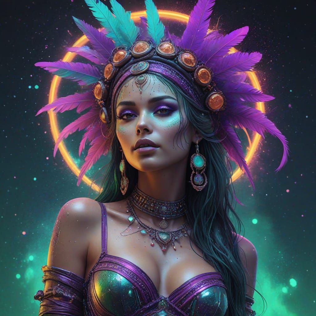 renaissance gypsy woman, crescent moon, nebula sky