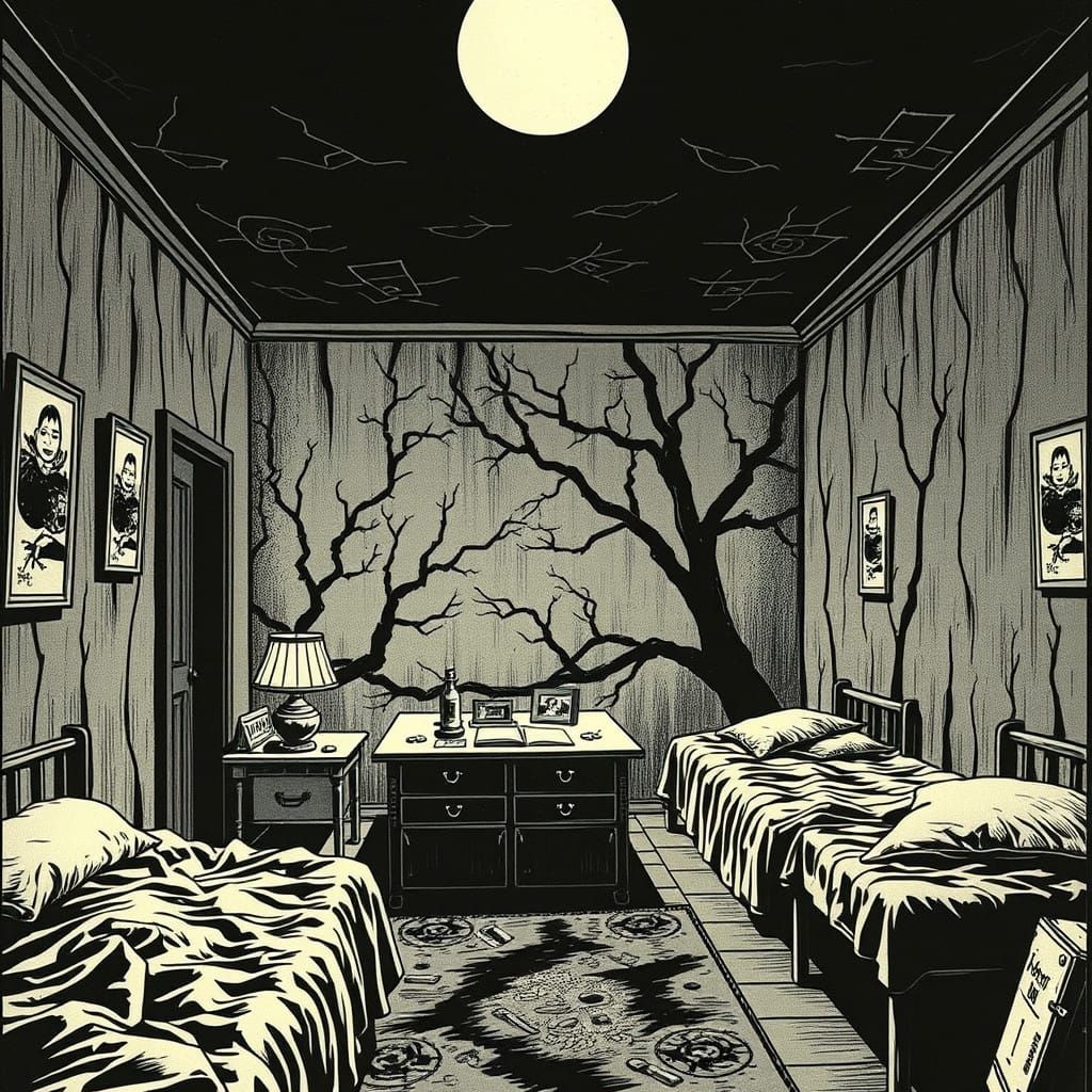 Vintage Horror Manga Liminal Back Rooms Scene - AI Art