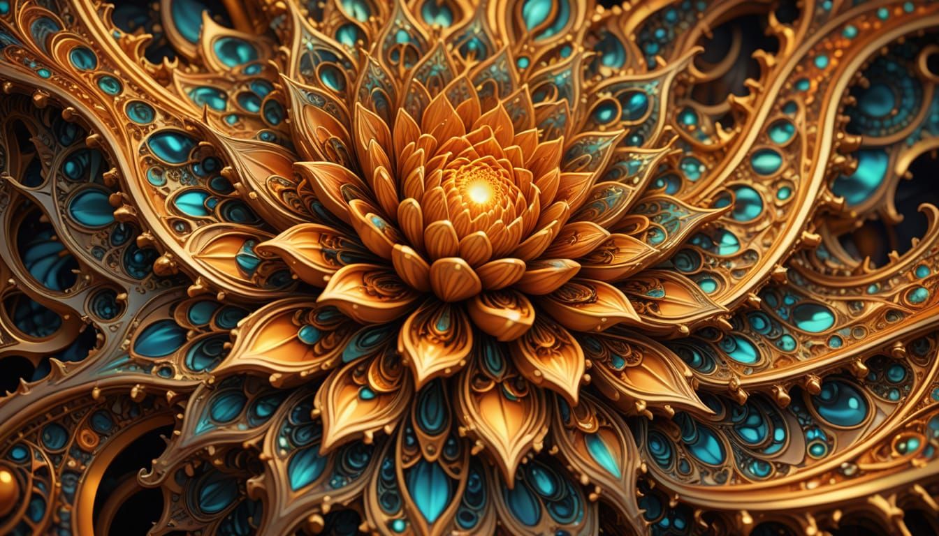 DMT Flower - Golden Iridescence in Vibrant Fractal Art