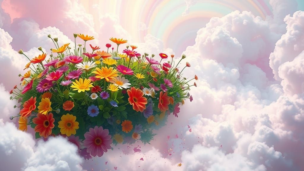 A garden filled with colorful flowers blooming in a sea of clouds. The ...