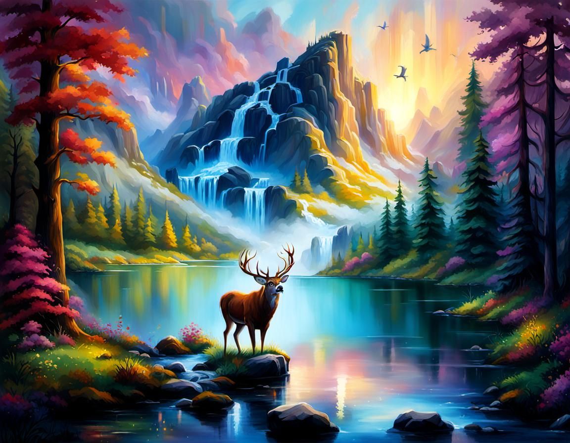 A beautiful nature scene with a lake, waterfall, and majestic buck - AI ...