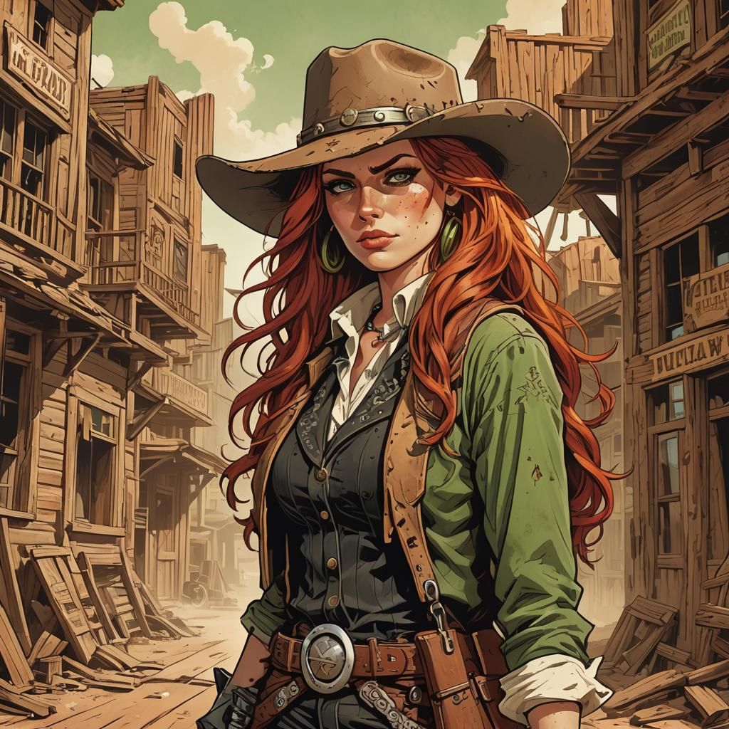 Wild west gunslinger, female, long red hair, beautiful face, wild west ...