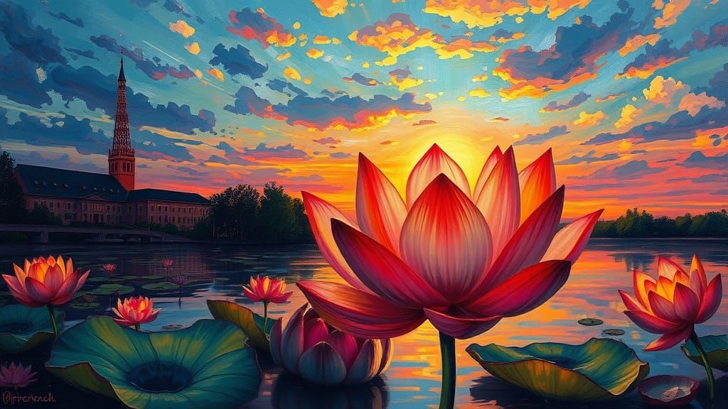 Lotus Sunset Afremov Eldritch Hyperdetailed
