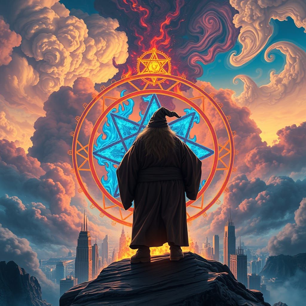 Wizard Observes Burning Cyberpunk Cityscape - AI Art