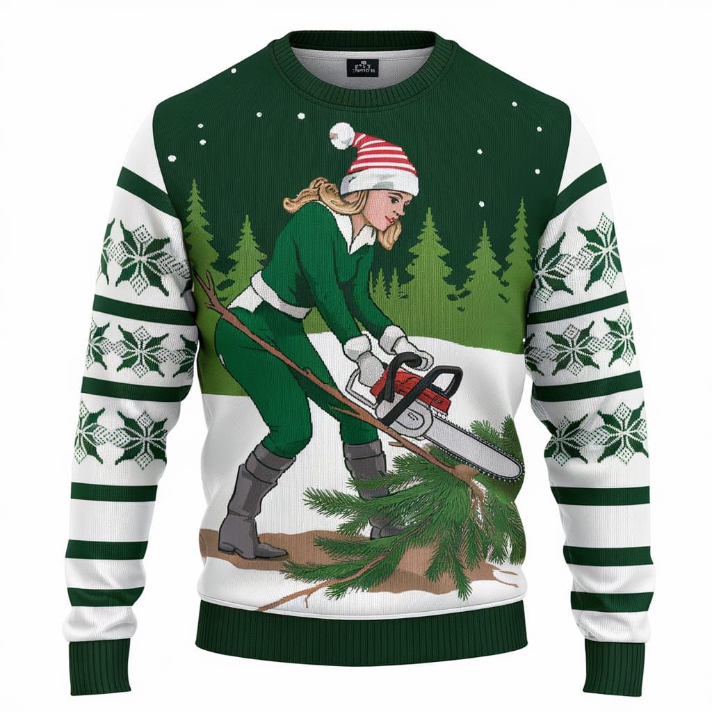 Woman in Green Cutting Down a Christmas Tree in a ... - AI Art