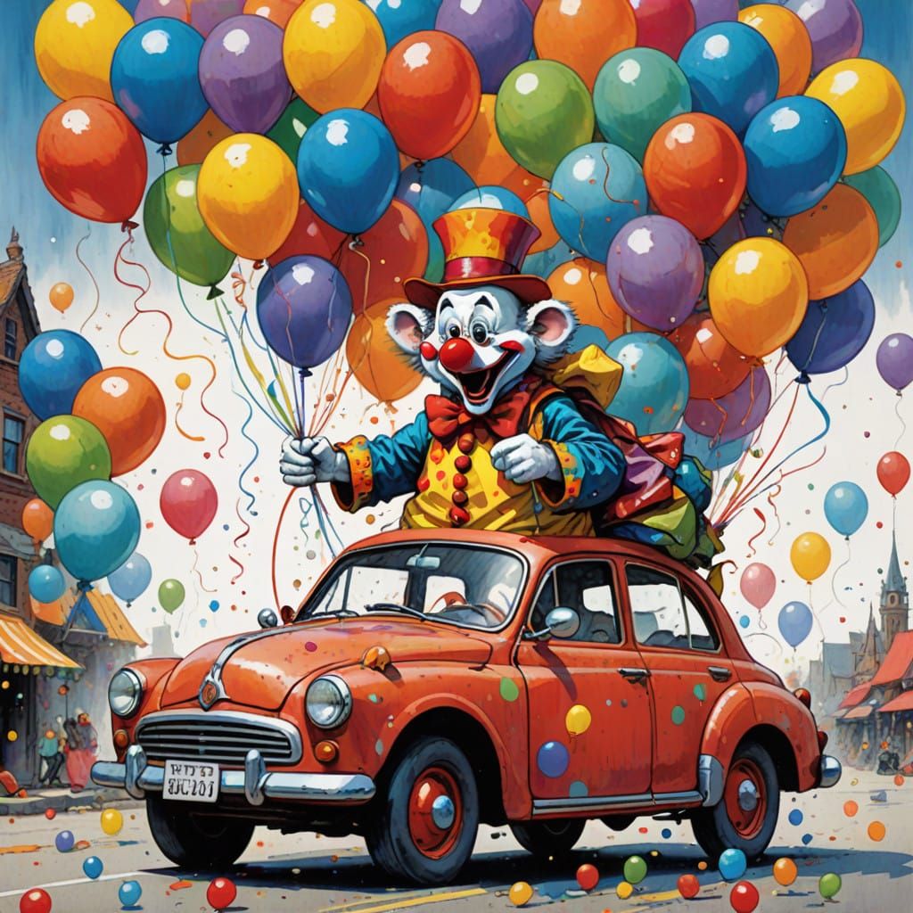 Vibrant Clown Mice Playfully Overflow from Tiny Ca... - AI Art