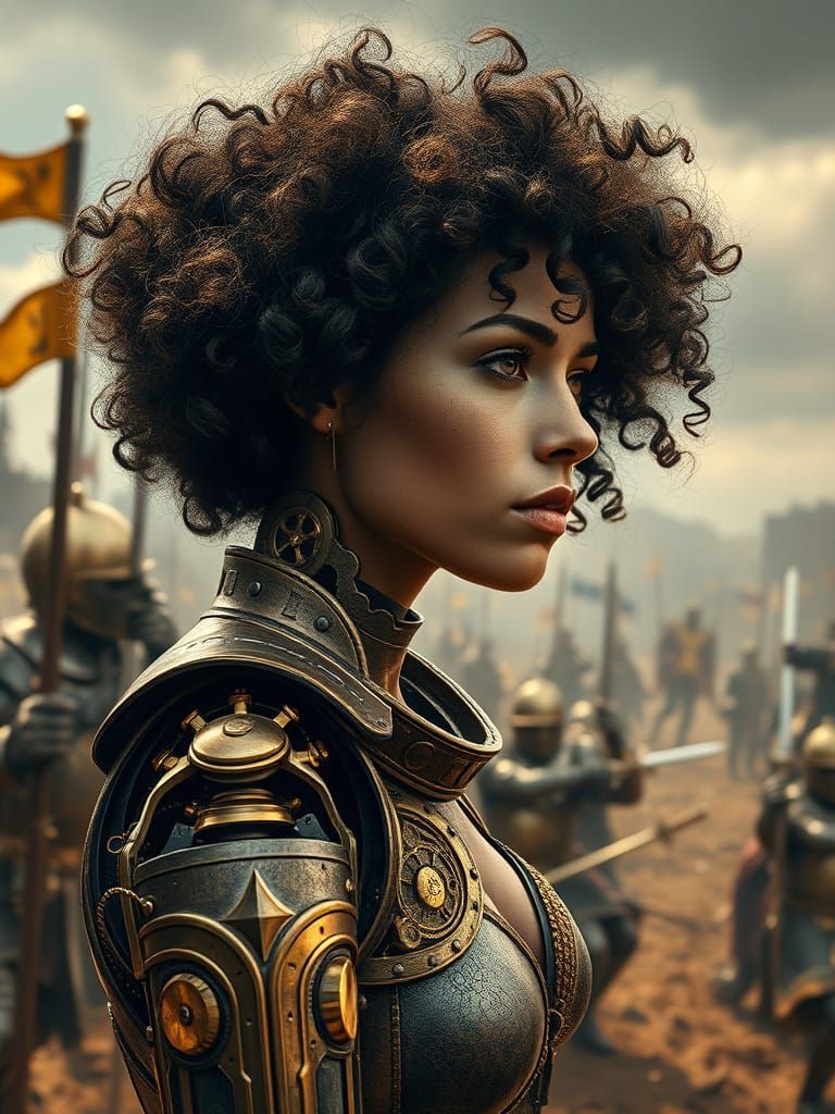 Cyborg Warrior Amidst Medieval Mayhem in Industria... - AI Art