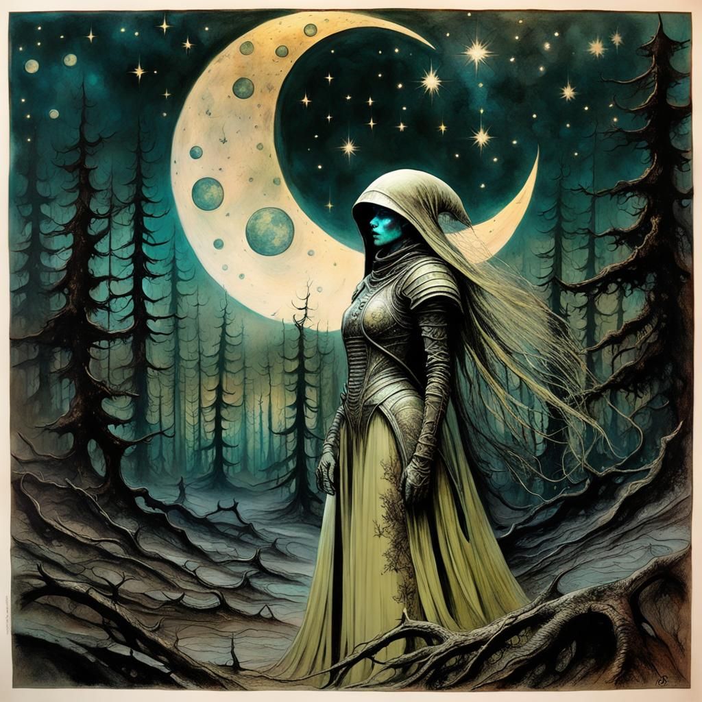 Soldier girl wearing shield during Starry night with three crescent ...