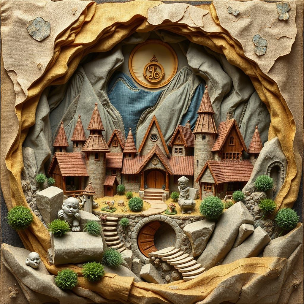 Dwarf castle toy - Elven Community in Earthy Textile Reliefs