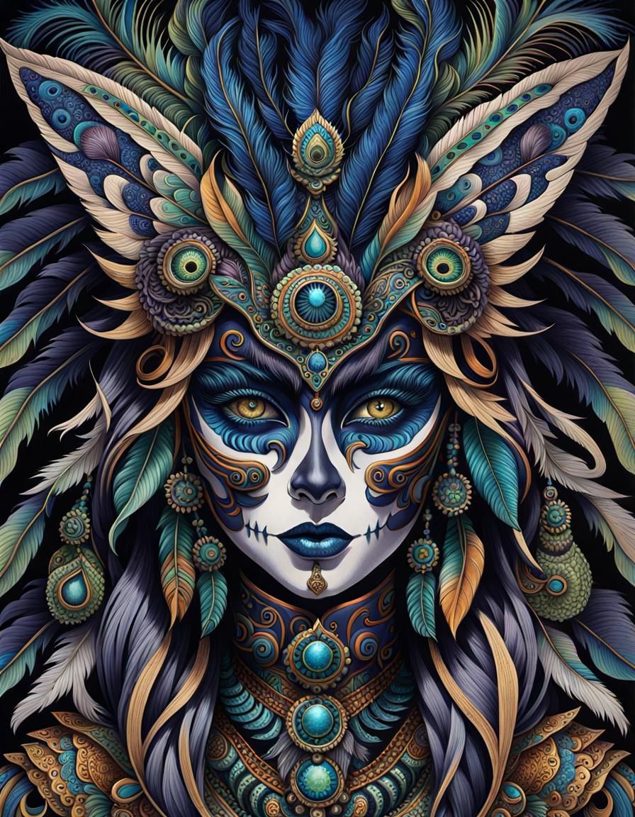 head shoulder portrait of a shadow-like demon lady with intricately ...