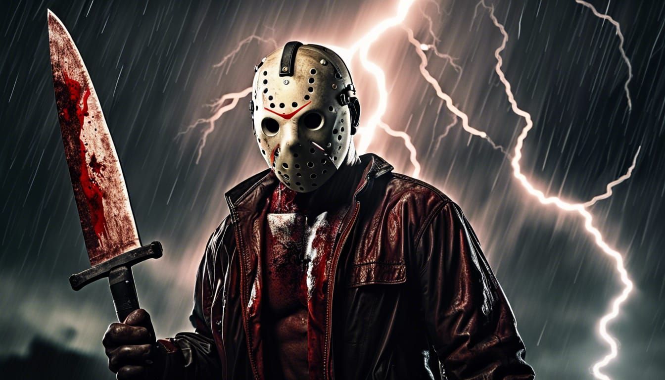 Jason Vorhees, holding up a Huge Pizza Knife, in a lightning storm - AI ...