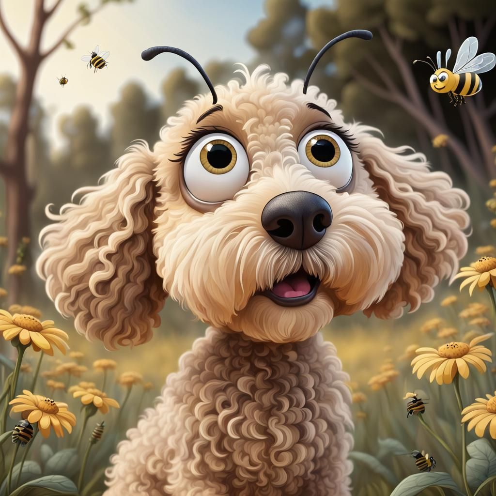Cute Groodle Cartoon with Bee on Nose - AI Art