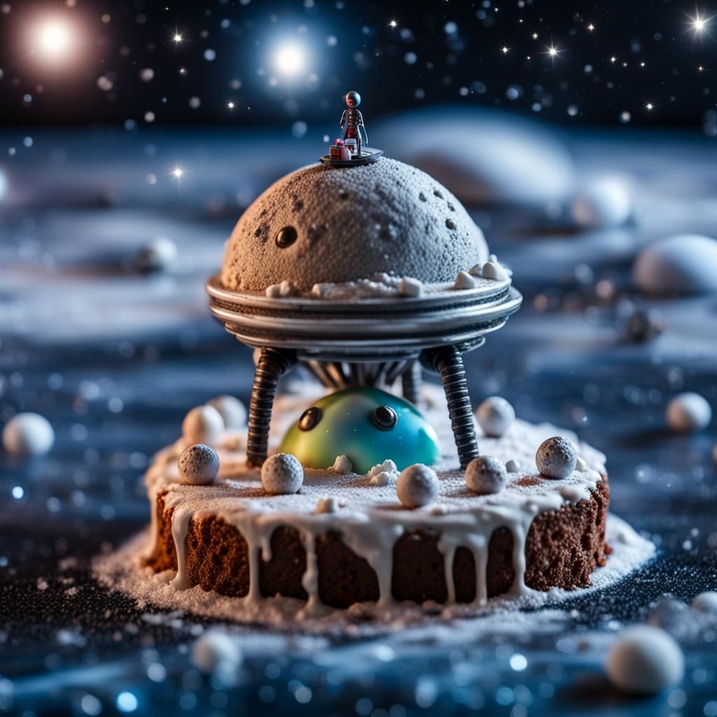 Photograph, Macro, Cake of miniature alien spaceship with alien in it ...
