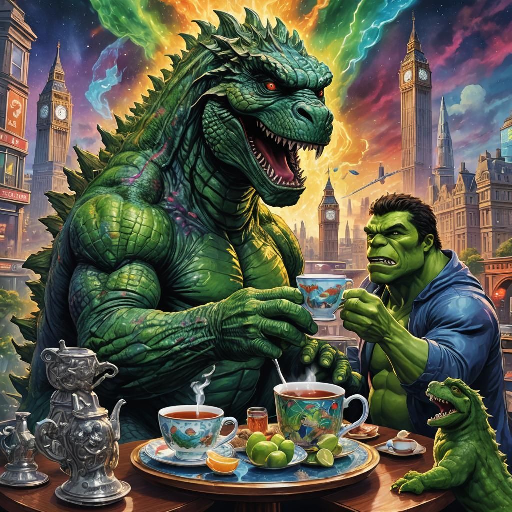 godzilla and hulk trinking tea together, tea time in london - AI ...