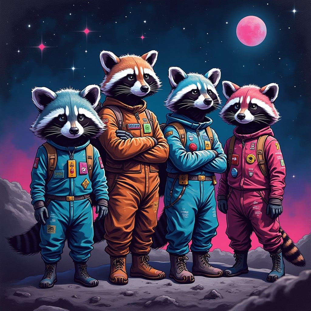 Vibrant Space Raccoons in Diverse Street Art Style... - AI Art