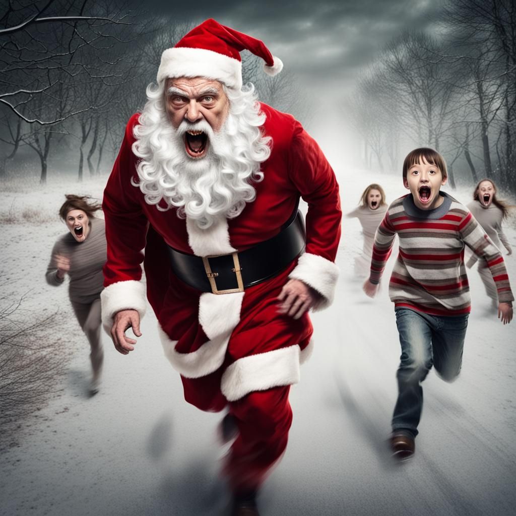 Dark Santa Pursues Terrified Crowd - AI Art