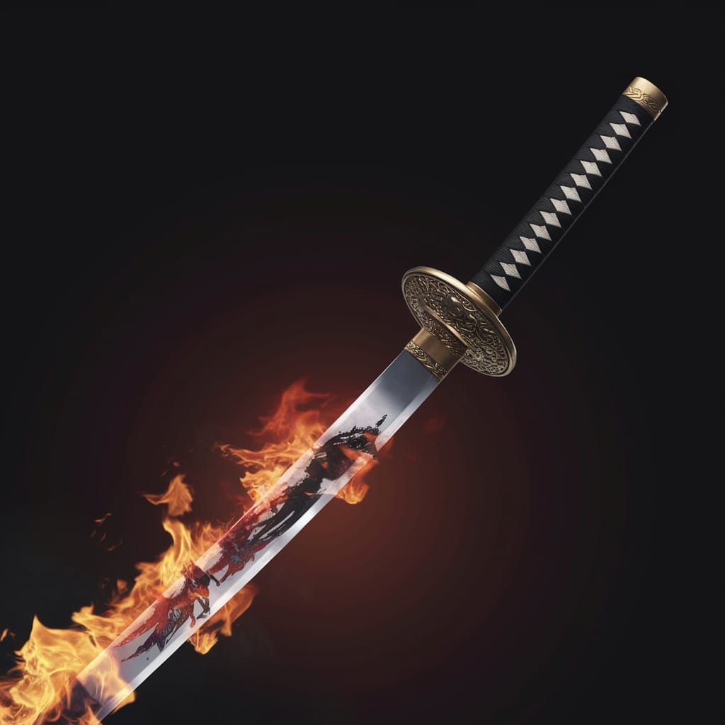 Flaming Katana with Warrior's Reflection in Ebony ... - AI Art