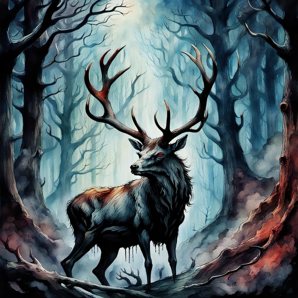 Stag - Ethereal Wendigo Emerges in Hyper-Realistic Watercolo...